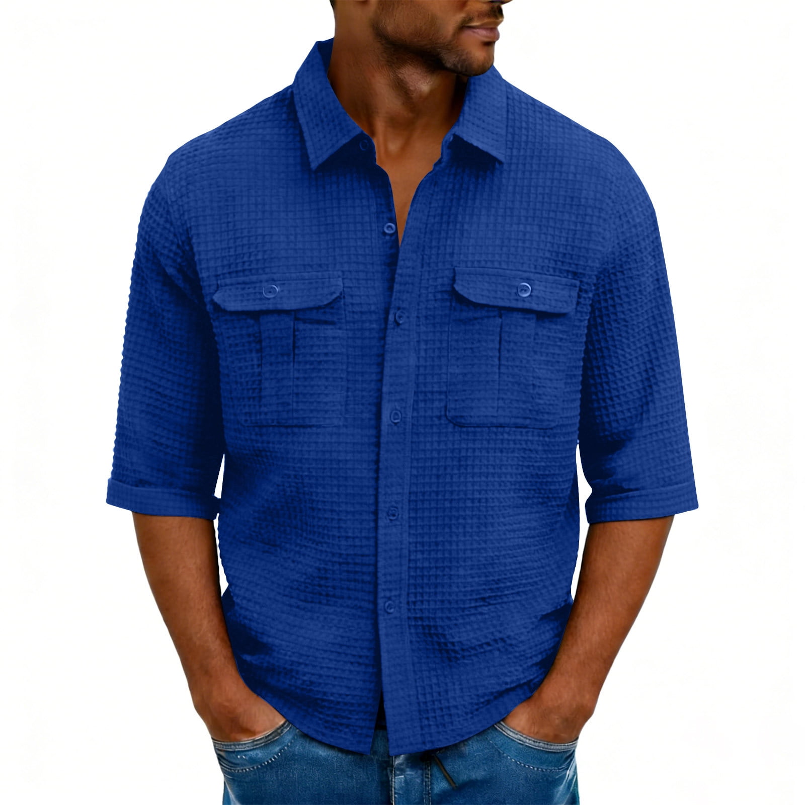 Donemore Men's Solid Color Casual Button Down Shirt Waffle Pattern ...