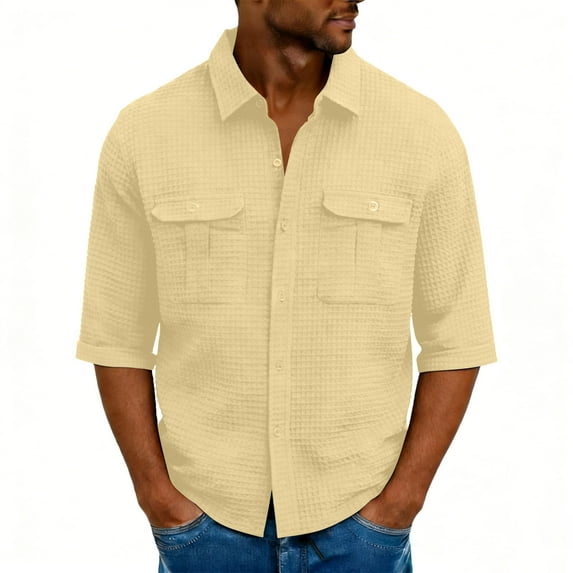 Donemore Men's Solid Color Casual Button Down Shirt Waffle Pattern ...
