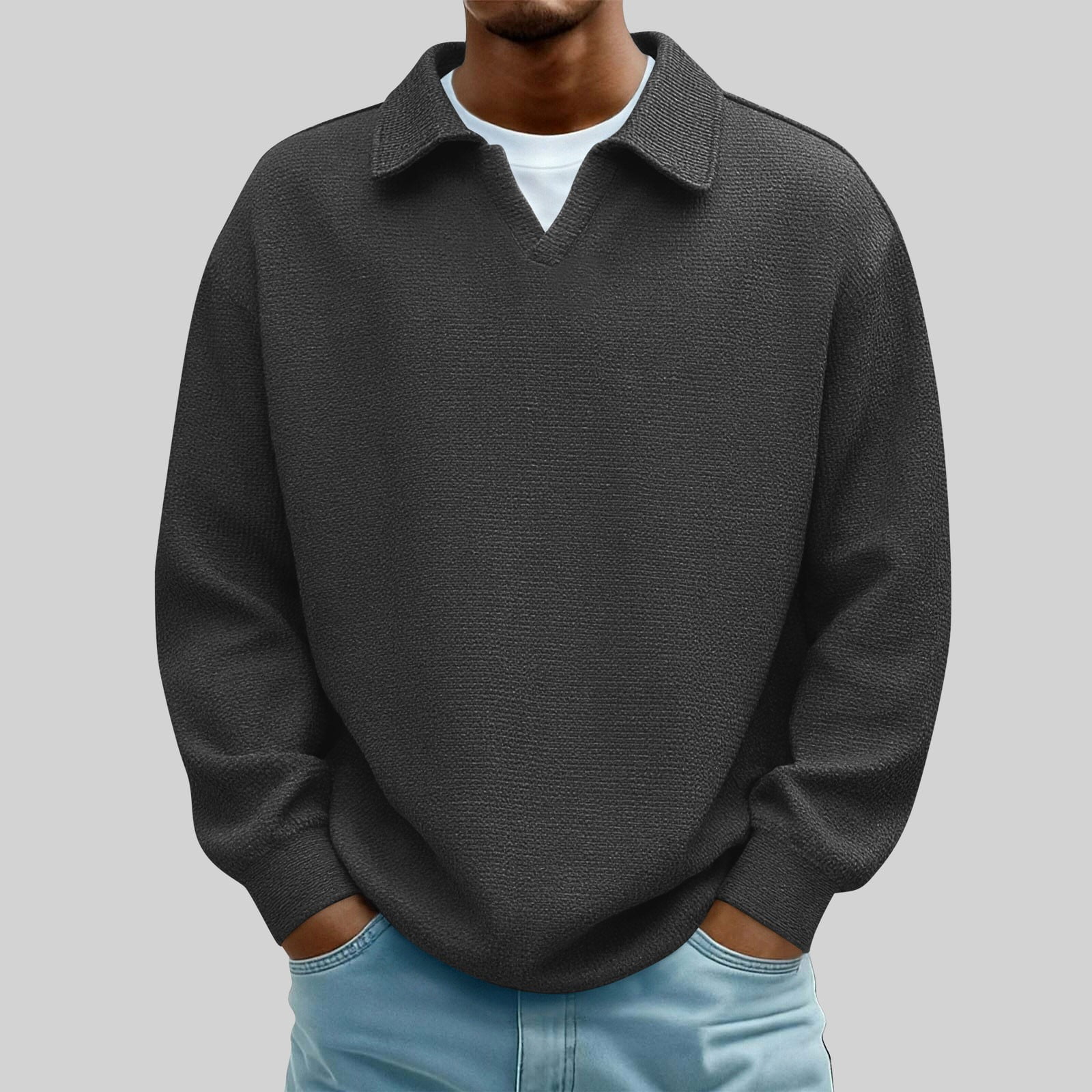 Donemore Men's Solid Color Long Sleeve Turn-Down Collar Knitted ...