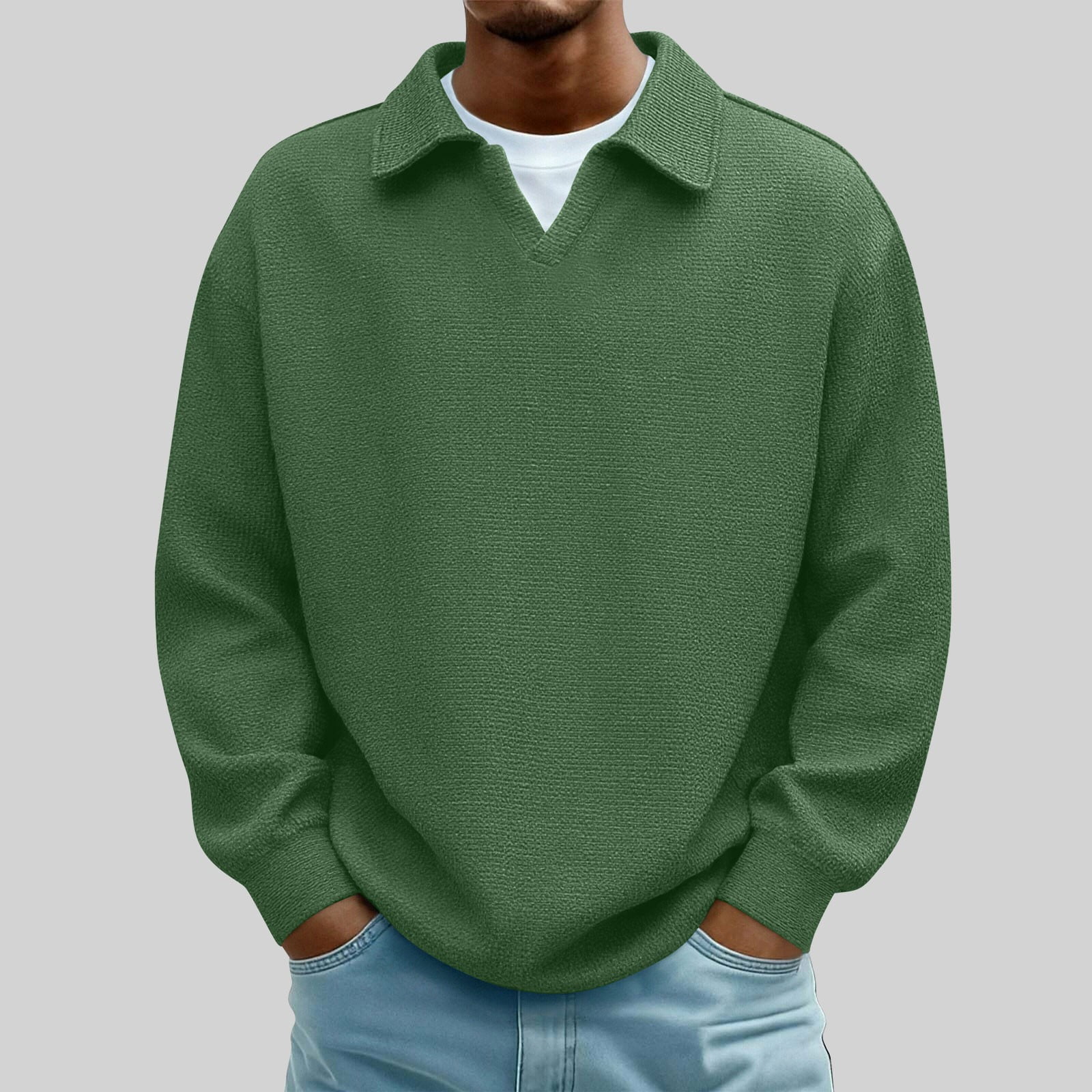 Donemore Men's Solid Color Long Sleeve Turn-Down Collar Knitted ...