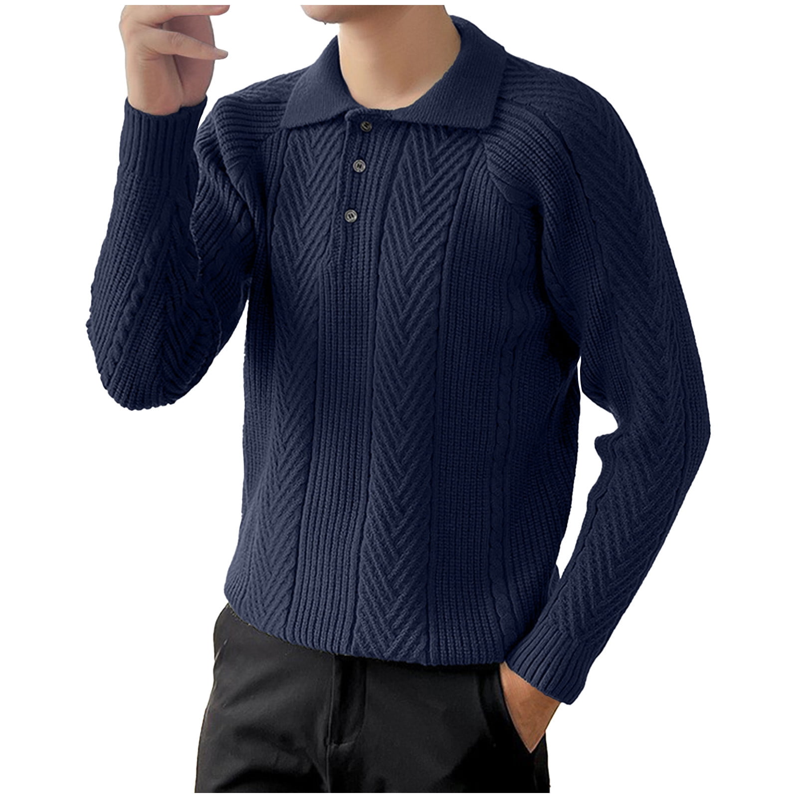 Donemore Men's Solid Color Long Sleeve Turn-Down Collar Slim Fit Knit ...