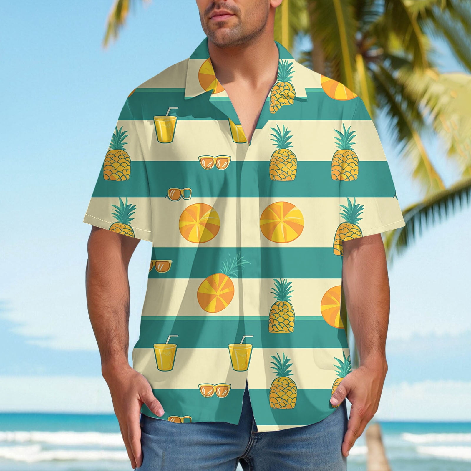 Donemore Men's Tropical Hawaiian Print Short Sleeve Button-Down Shirt ...