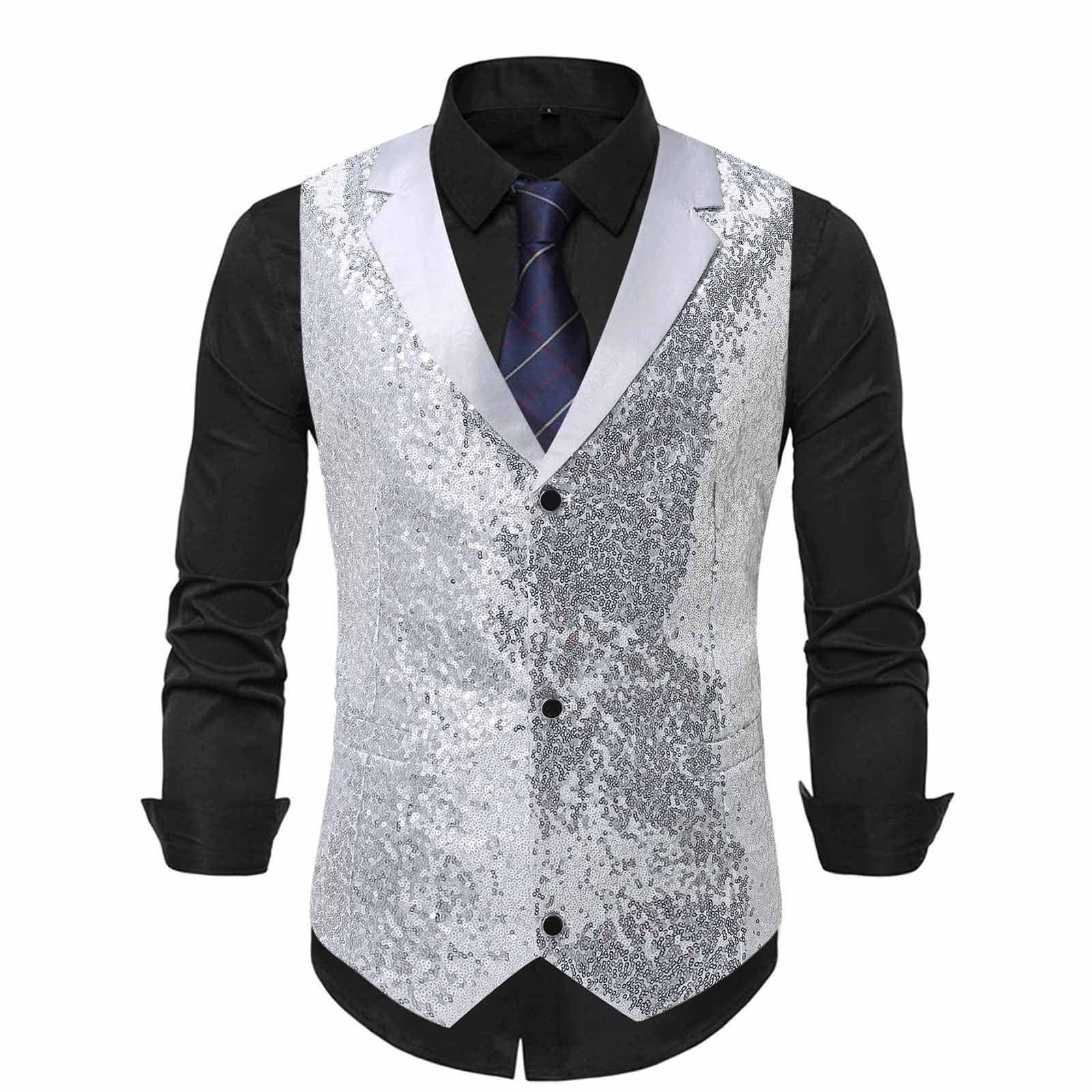 Donemore Men's V-Neck Sequined Sleeveless Vest Stage Host Gala Formal ...