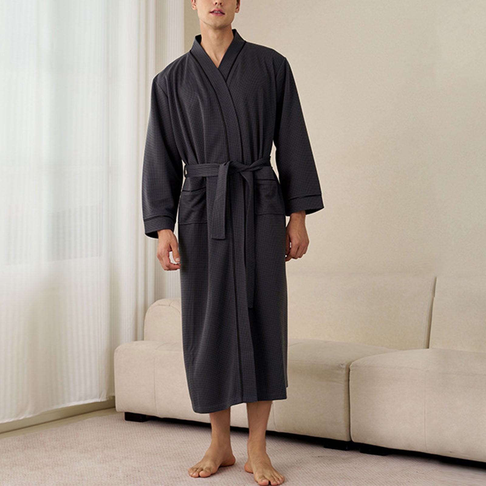 Donemore Men's Waffle Knit Bathrobe Loose Fit Comfortable Open Front ...