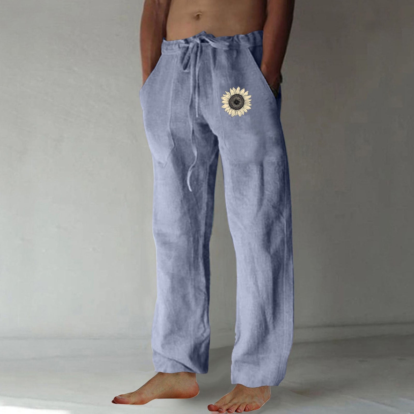 Donemore Men's Washed Wrinkle Elastic Waistband Sunflower Print Casual ...