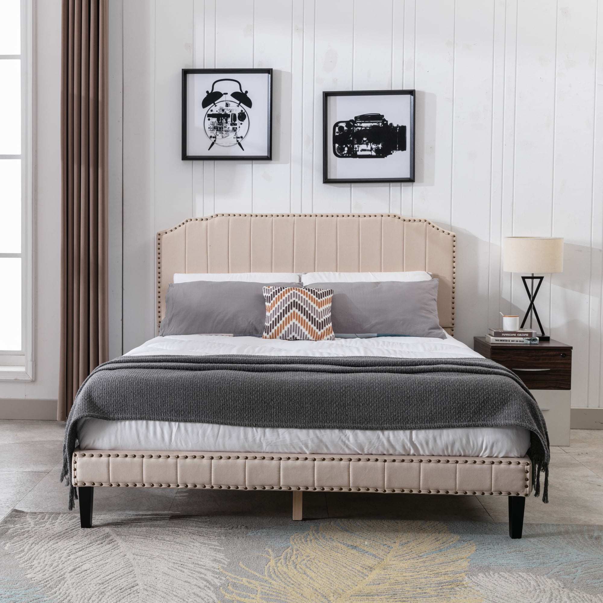 Dongheng Queen Size Bed With Headboard Modern Linen Curved Upholstered