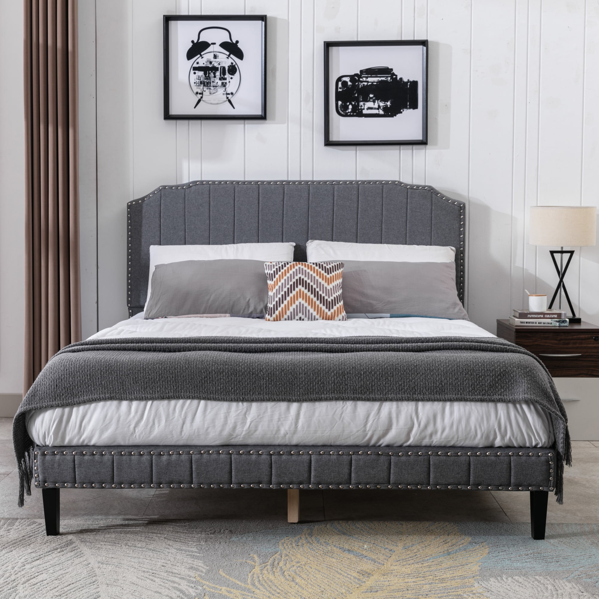Dongheng Queen Size Bed With Headboard Modern Linen Curved Upholstered