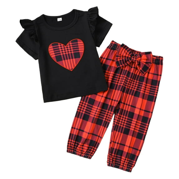 Dongfang Toddler Girls Outfit Sets Kids Cotton Ruffled Trim Bow Tops ...