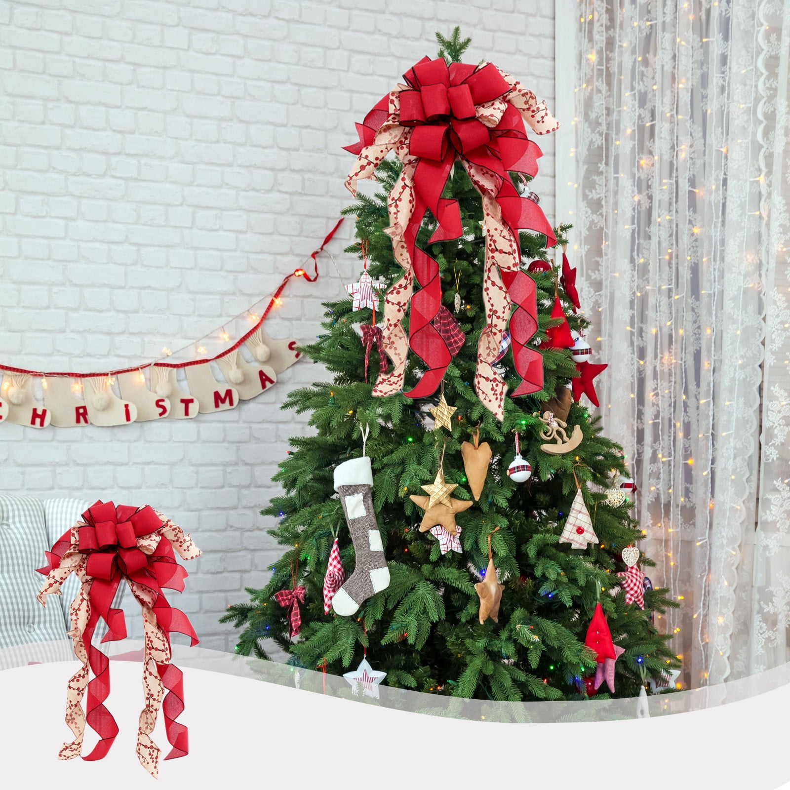 Dongrere Ribbon Tree Topper 1Pcs Christmas Tree Bow Topper Rustic ...