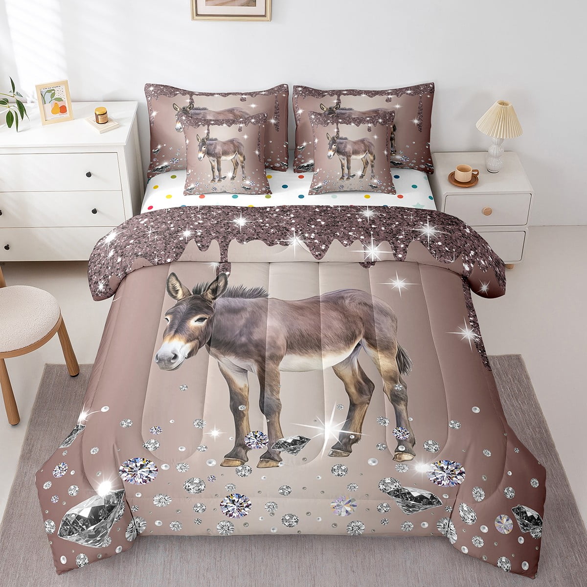 Donkey Bed in a Bag Queen Comforter Set 7 Piece,Brown Sequin Fluid Art ...
