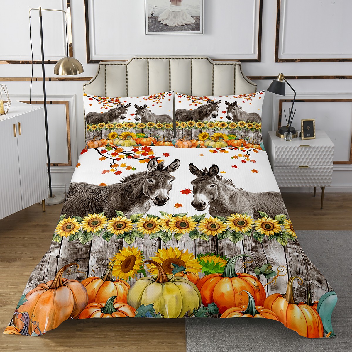 Donkey Bedspread Set Autumn Harvest Pumpkin Quilt Set Queen,Farmhouse ...