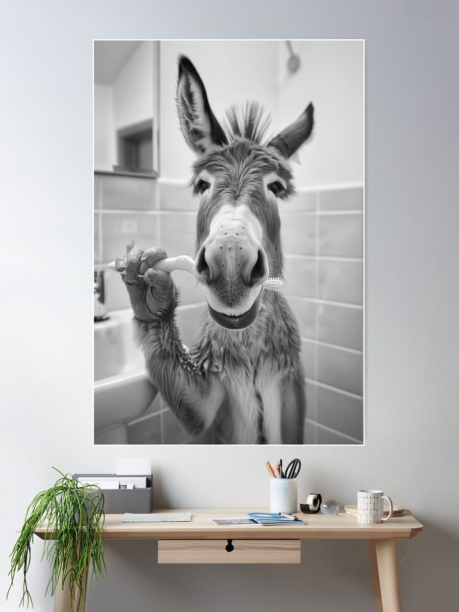 Donkey Brushing Teeth In The Bathroom Poster Wall Art, Modern Wall ...