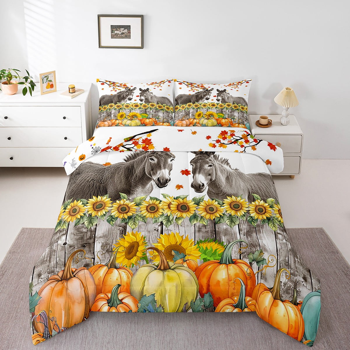 Donkey Comforter Set Autumn Harvest Pumpkin Bedding Set,Farmhouse ...