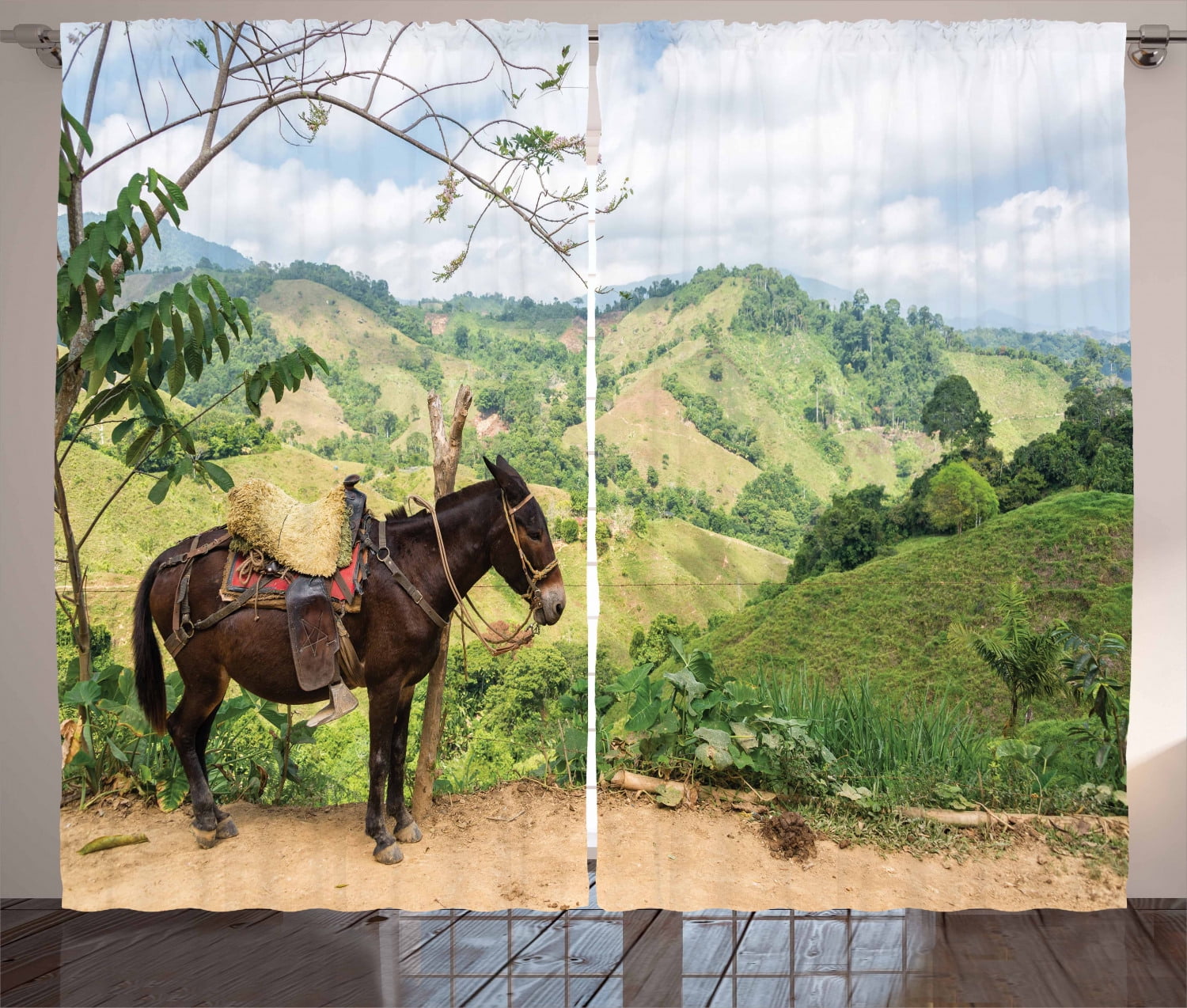 Ambesonne Donkey Curtains 2 Panel Set, Rural Columbia Mountains, 108" x ...