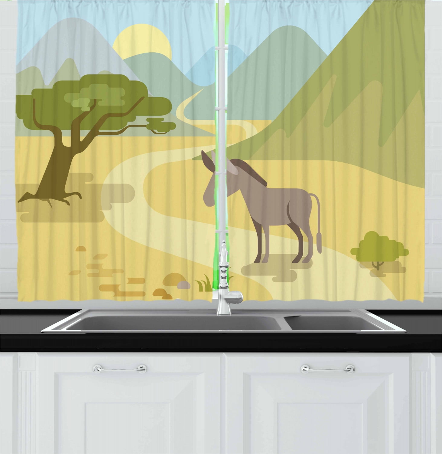 Donkey Curtains 2 Panels Set, Flat Design Habitat with a Donkey in the ...