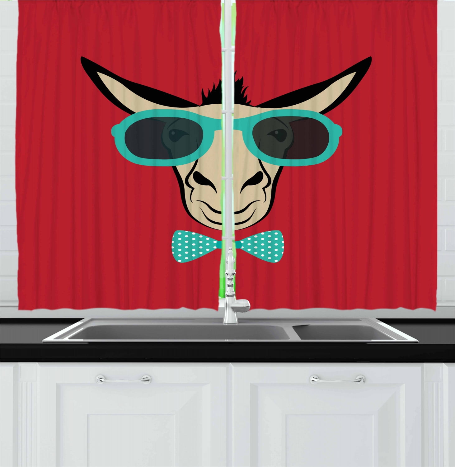 Donkey Curtains 2 Panels Set, Flat Design Image of a Donkey Wearing ...