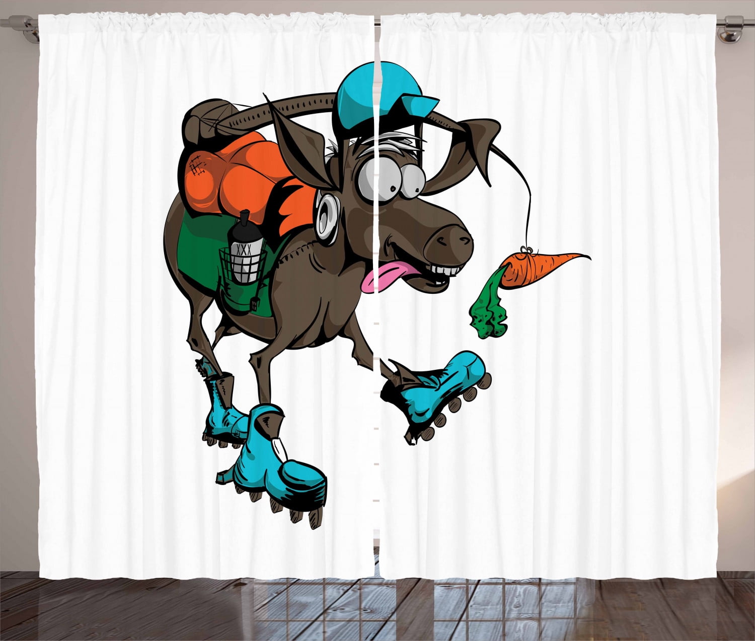 Donkey Curtains 2 Panels Set, Funny Illustration of a Donkey Chasing ...