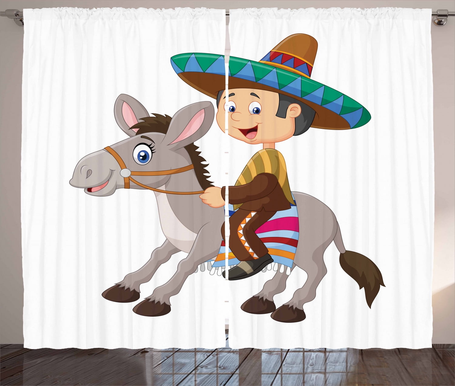 Ambesonne Donkey Curtains 2 Panel Set, Mexican Man with Sombrero, 108 ...