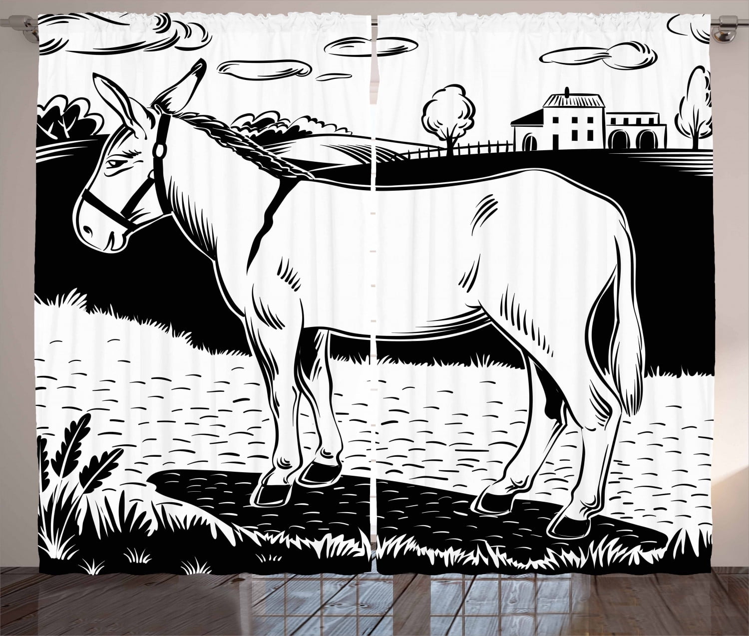 Ambesonne Donkey Curtains 2 Panel Set, Farmland Village and Animal, 108 ...