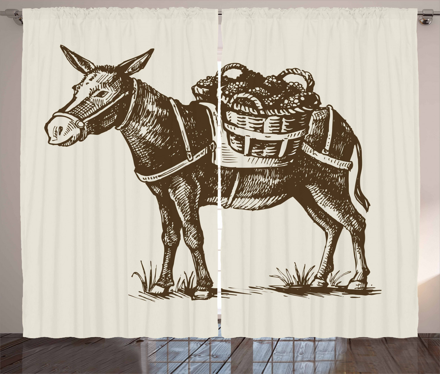 Ambesonne Donkey Curtains 2 Panel Set, Vintage Animal with Baskets, 108 ...