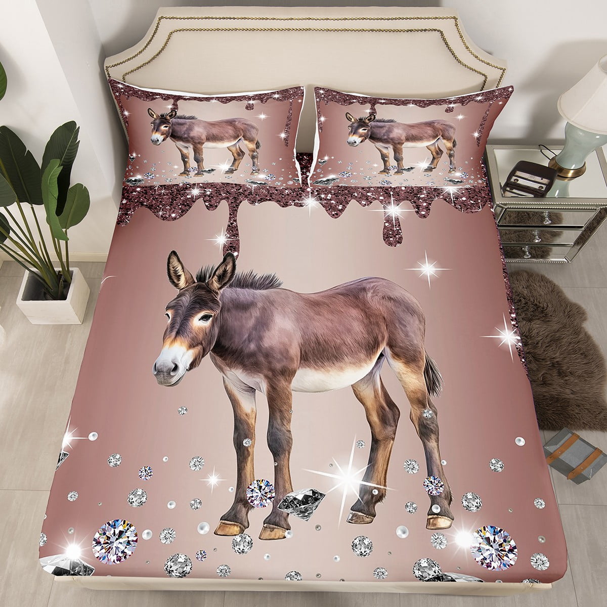 Donkey Fitted Sheet Brown Sequin Fluid Art Bed Sheets Twin,Crystal ...