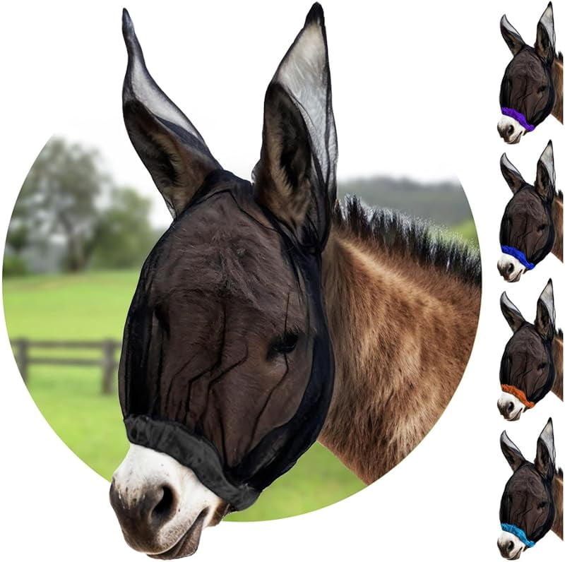 Donkey Fly Mask with Long Ears (Black) Made in USA - Mule Fly Mask with ...