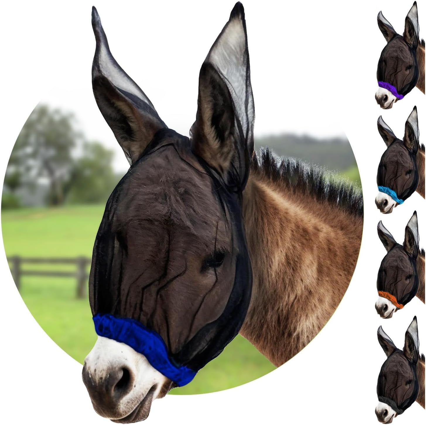 Donkey Fly Mask with Long Ears (Blue) Made in USA - Mule Fly Mask with Ears Protection from ...
