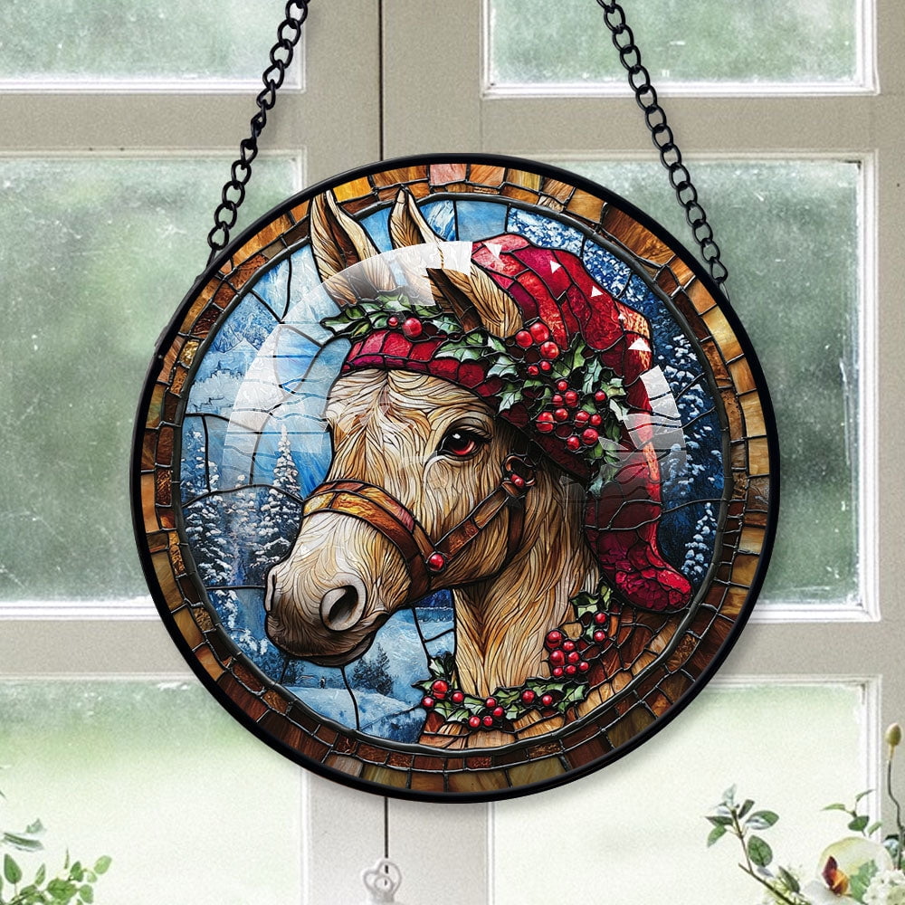 Donkey Ornament Christmas 2025, Donkey Stained Glass Hanging Window ...