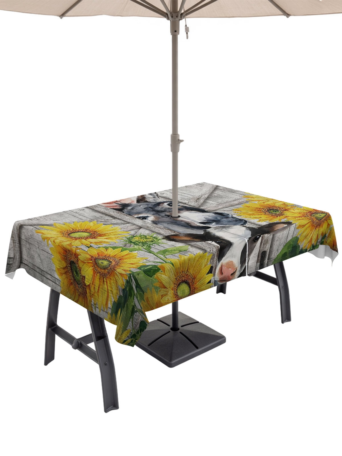 Donkey Pig Cow Rectangle Outdoor Tablecloth with Umbrella Hole Retro ...