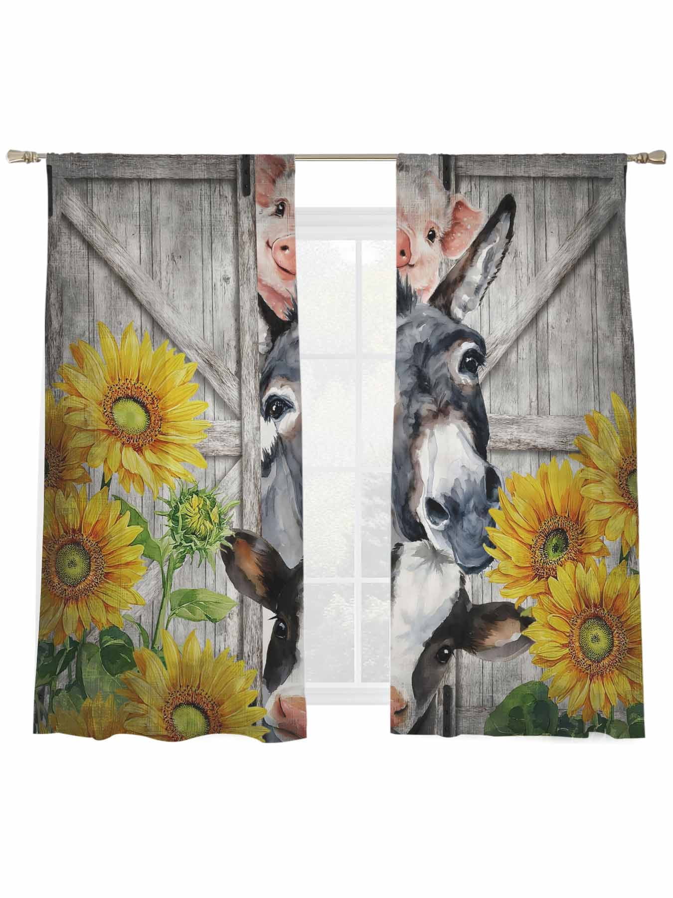 Donkey Pig Cow Sheer Curtains 2 Panels Set Retro Farmhouse Animal ...