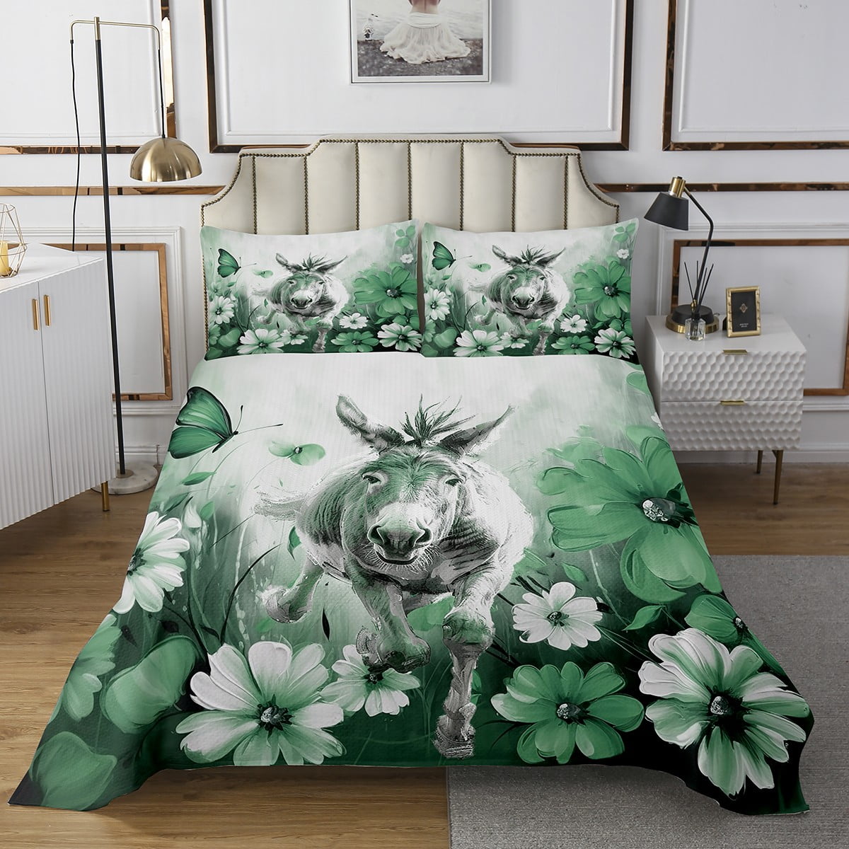 Donkey Quilt Set Daisy Flowers King Bedspread Set s,Cyan Ombre Oil ...