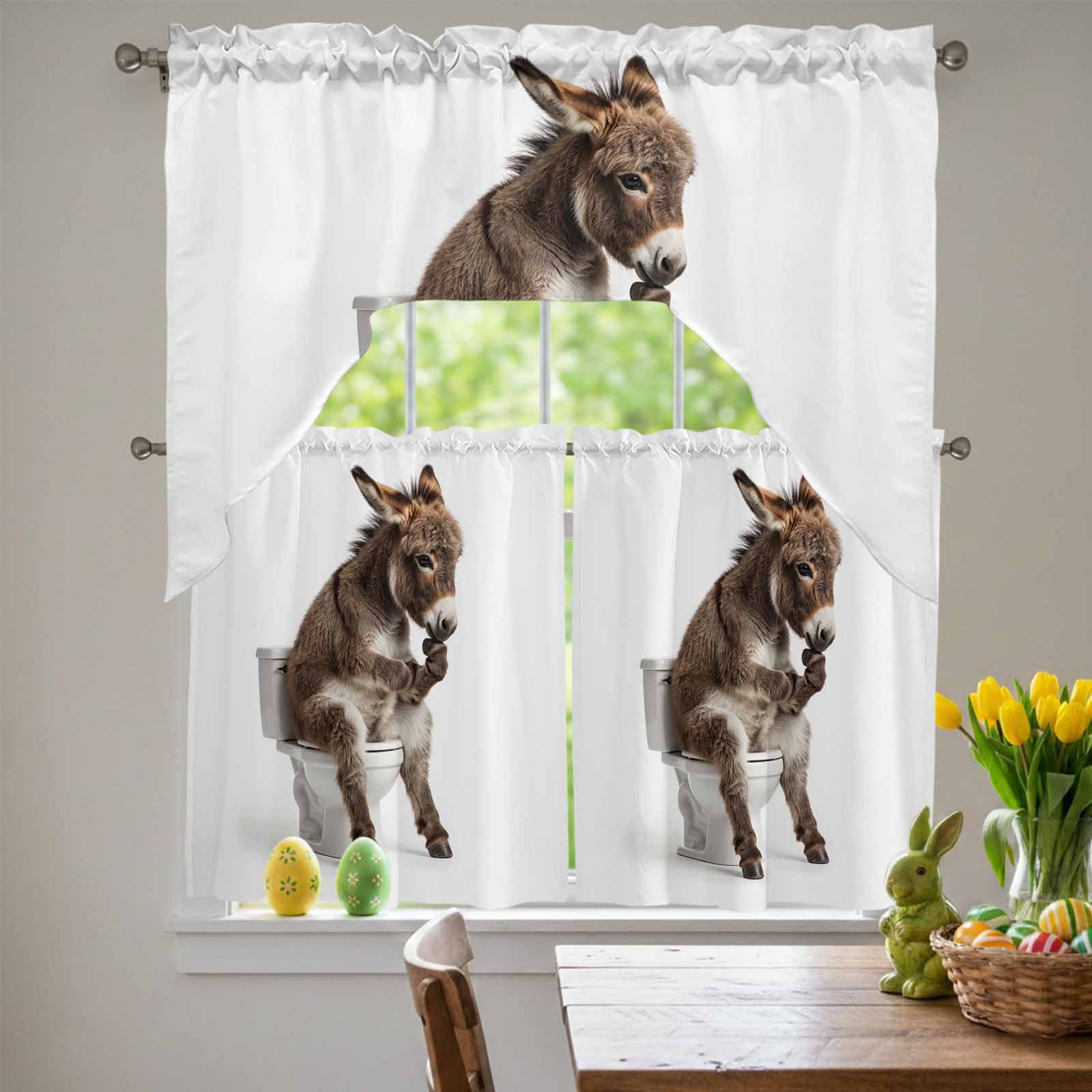Donkey Sitting on The Toilet Thinking Swag Curtains Valance & Tier Set ...