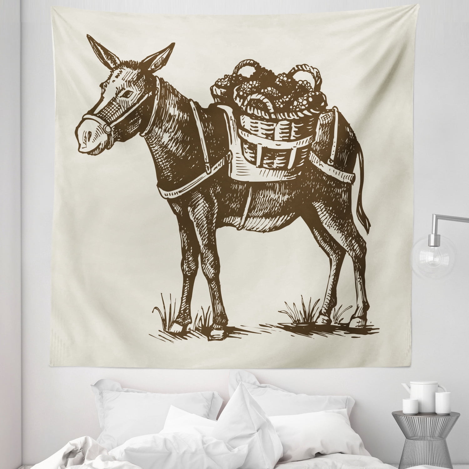 Donkey Tapestry, Vintage Engraving Style Donkey Carrying 2 Baskets of ...
