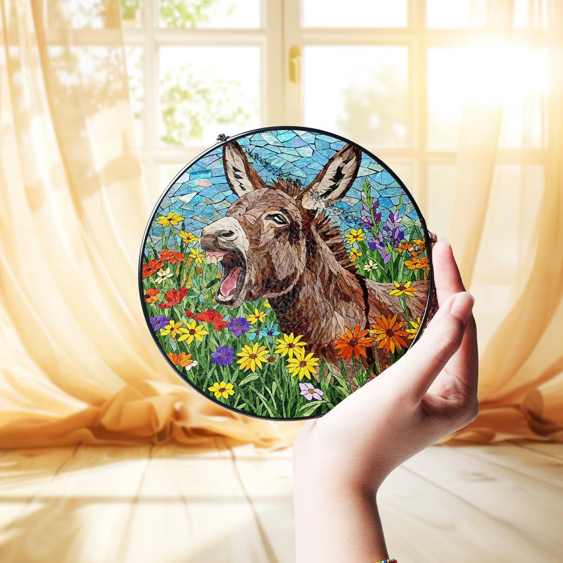Donkey Yawn Among Wildflower GLASS Suncatcher, Sleepy Donkey Suncatcher ...
