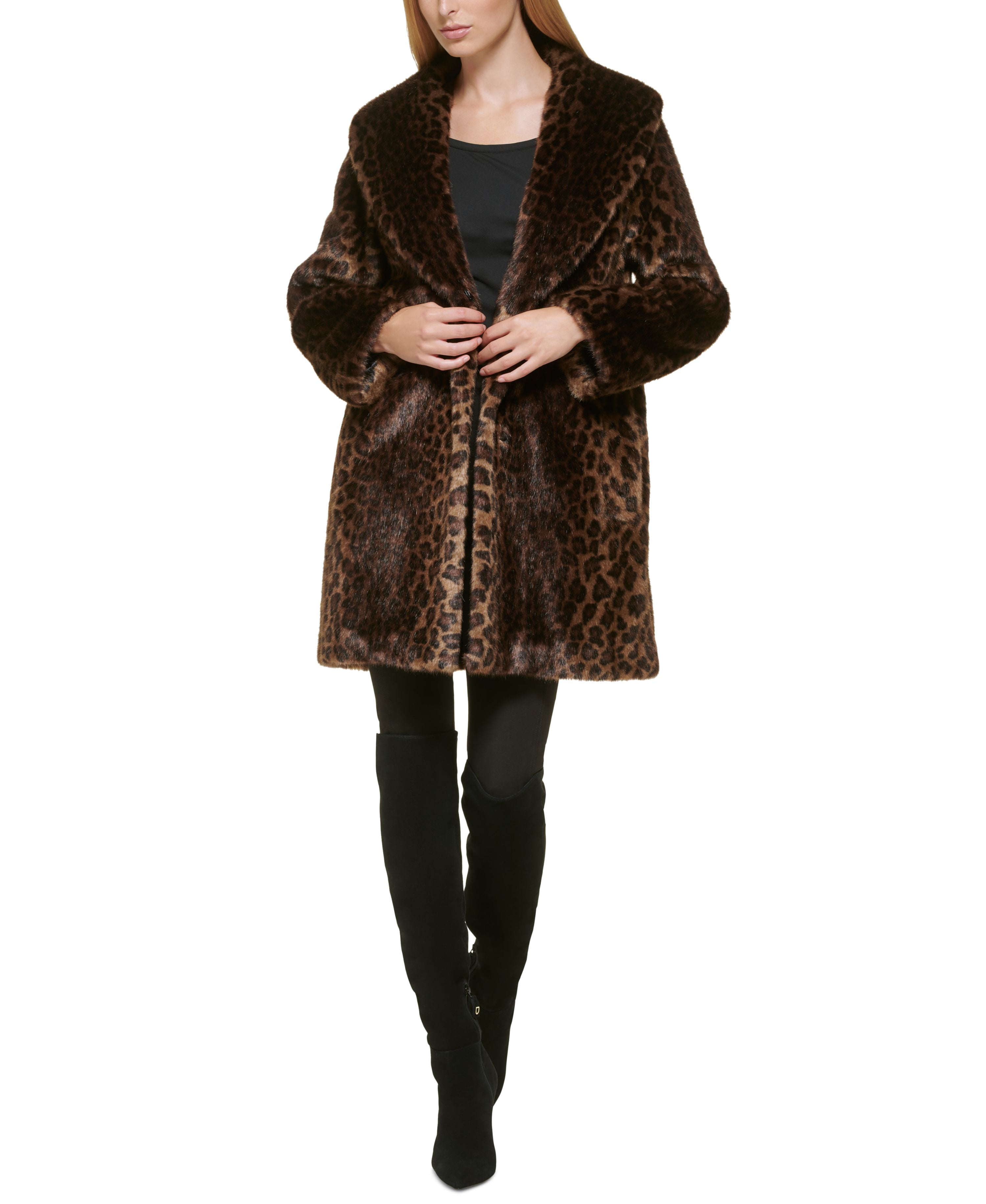Donna Karen Women's Leopard-Print Shawl-Collar Faux-Fur Coat Leopard L ...