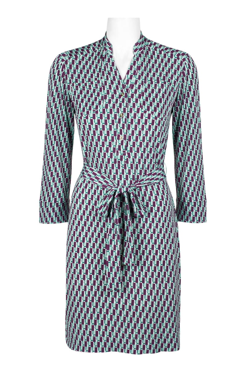 Donna Morgan High Neck Long Steeve Tie Waist Multi Print Jersey Dress ...