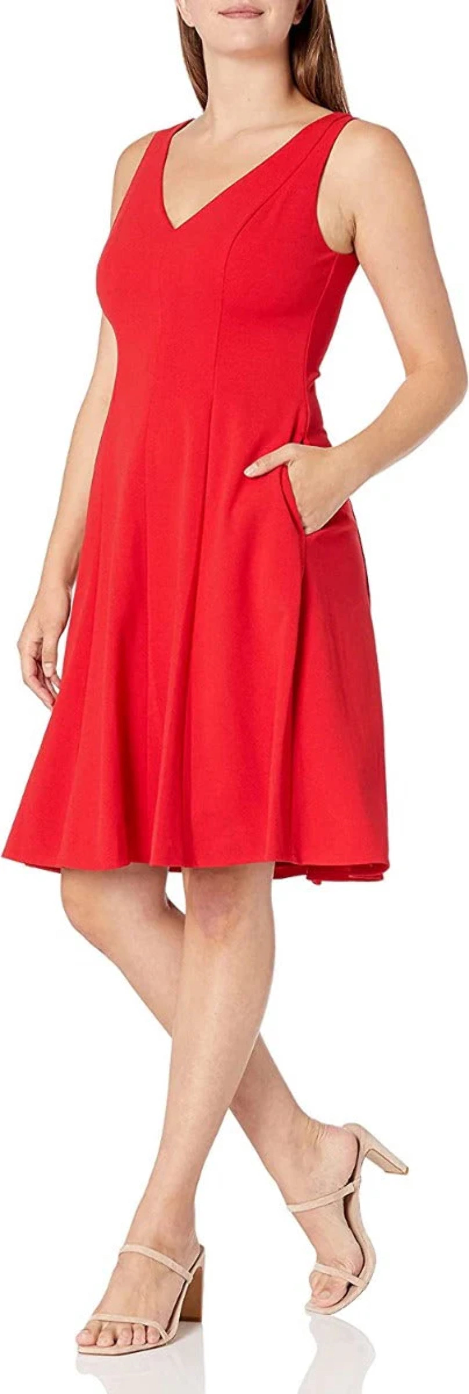 Donna Morgan Sleeveless Stretch Crepe V-Neck Fit-and-Flare Dress Red ...