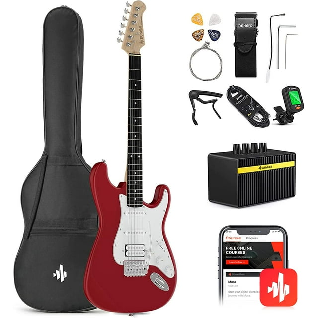 Donner 39" Beginner Electric Guitar Solid Body Red, 11 Pieces - Walmart.com