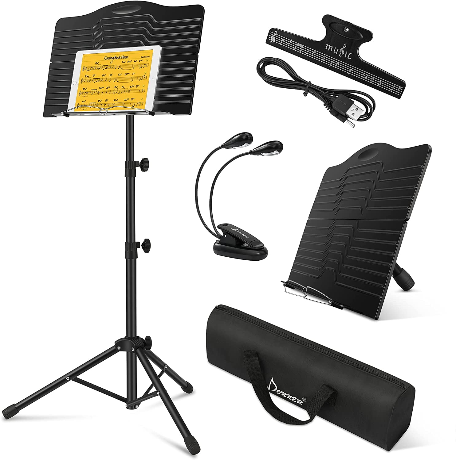 Donner Sheet Music Stand with Light, Portable Metal Ipad Music Stand ...