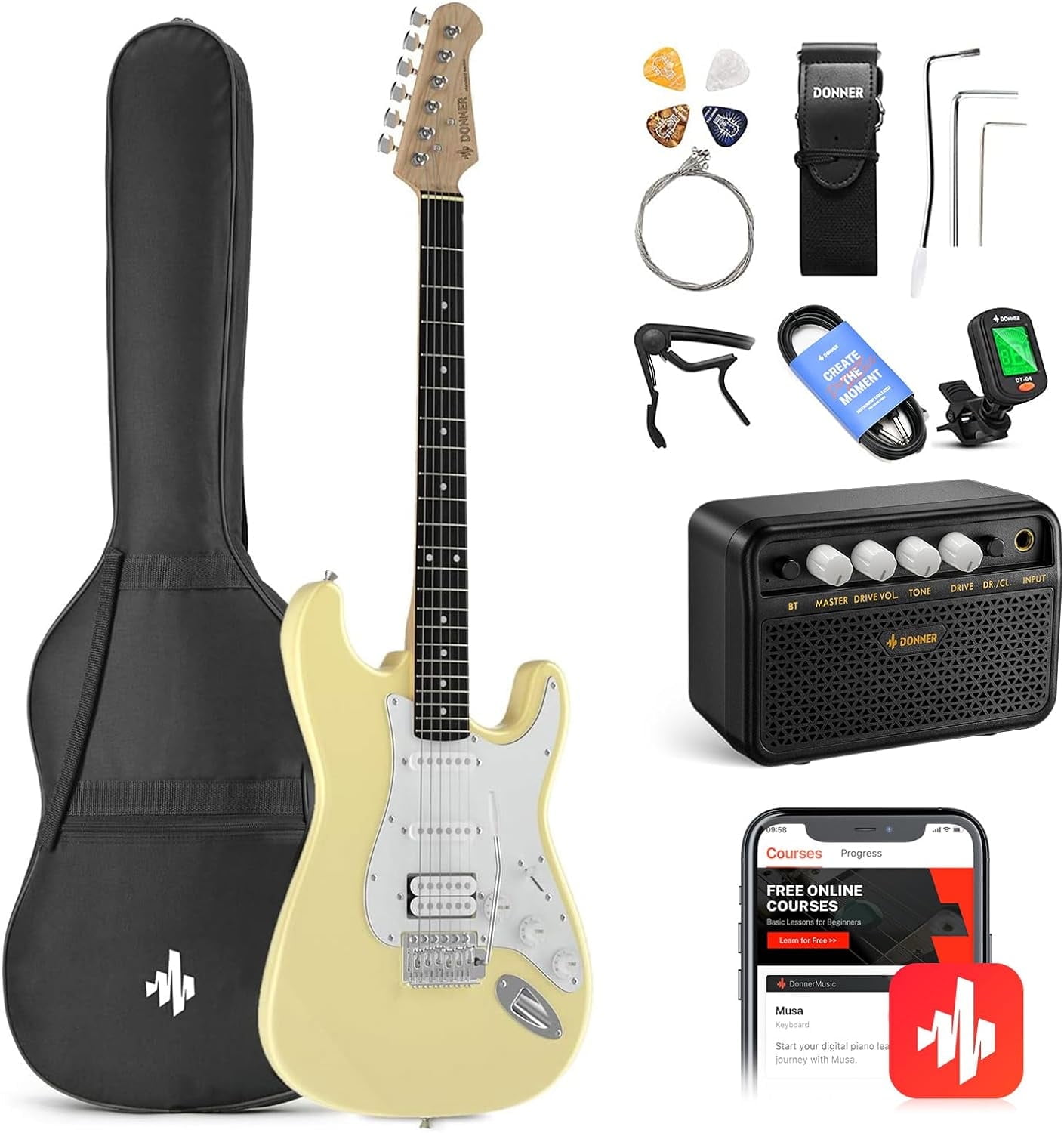 Donner Solid 39 Inch Electric Guitar Kit, Beginner & Intermediate, with ...