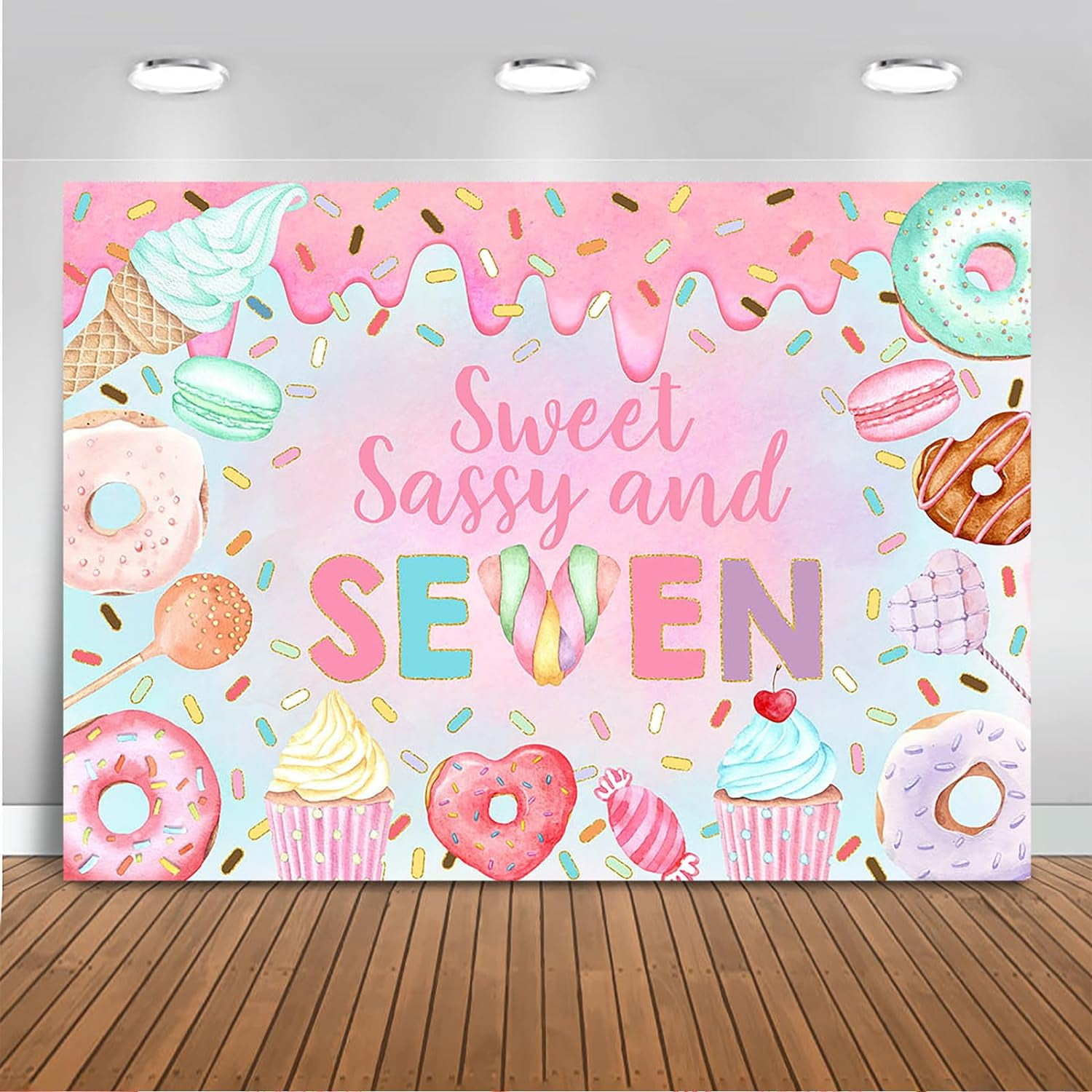 Donut 7th Birthday Backdrop Sweet Sassy and Seven for Girl Birthday ...