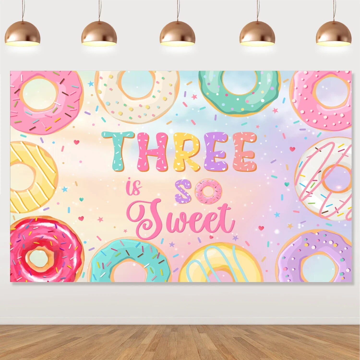 Donut Backdrop for Girls, Birthday Party Decorations, Three is so sweet ...