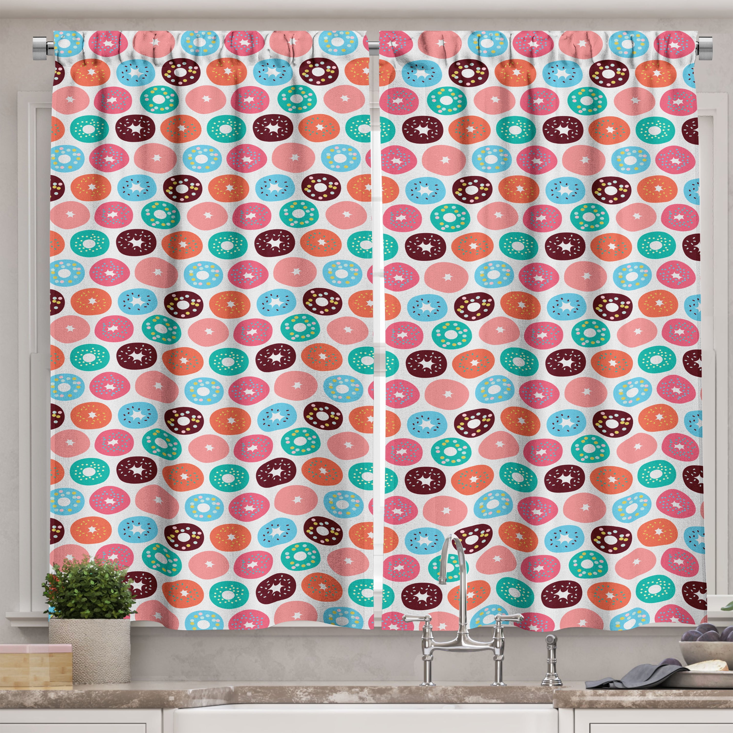 Donut Curtains 2 Panels Set, Doughnuts and Macarons Colorful Graphic ...