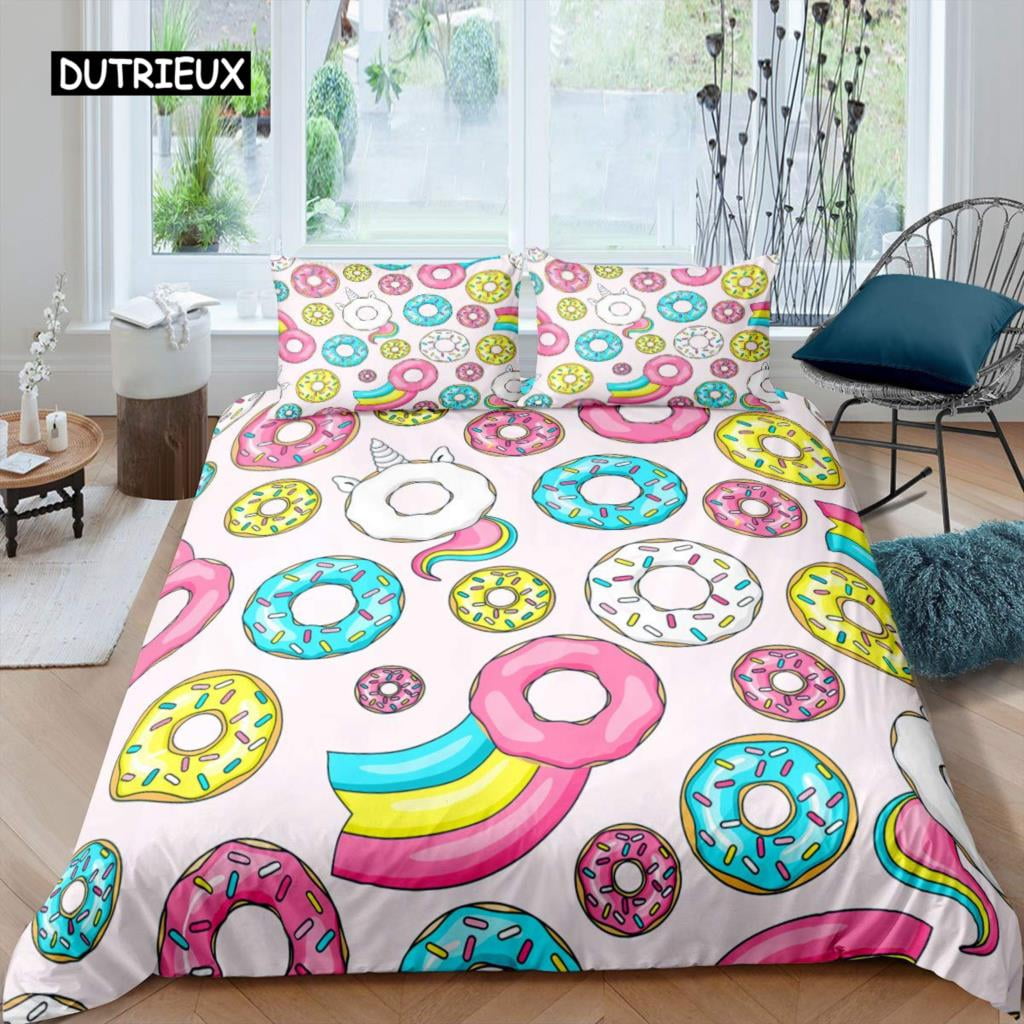 Donut Duvet Cover Set Dessert Food Theme Quilt Cover Colorful Print 2 ...