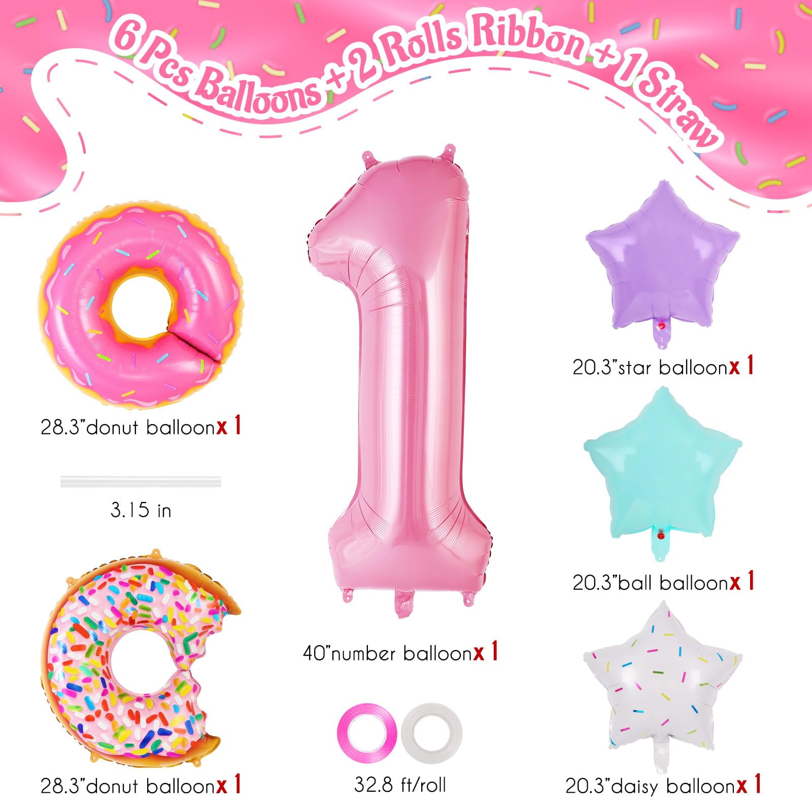 Donut First Birthday AJH3 Decorations, Donut Foil Number 1 Balloon, 40 ...