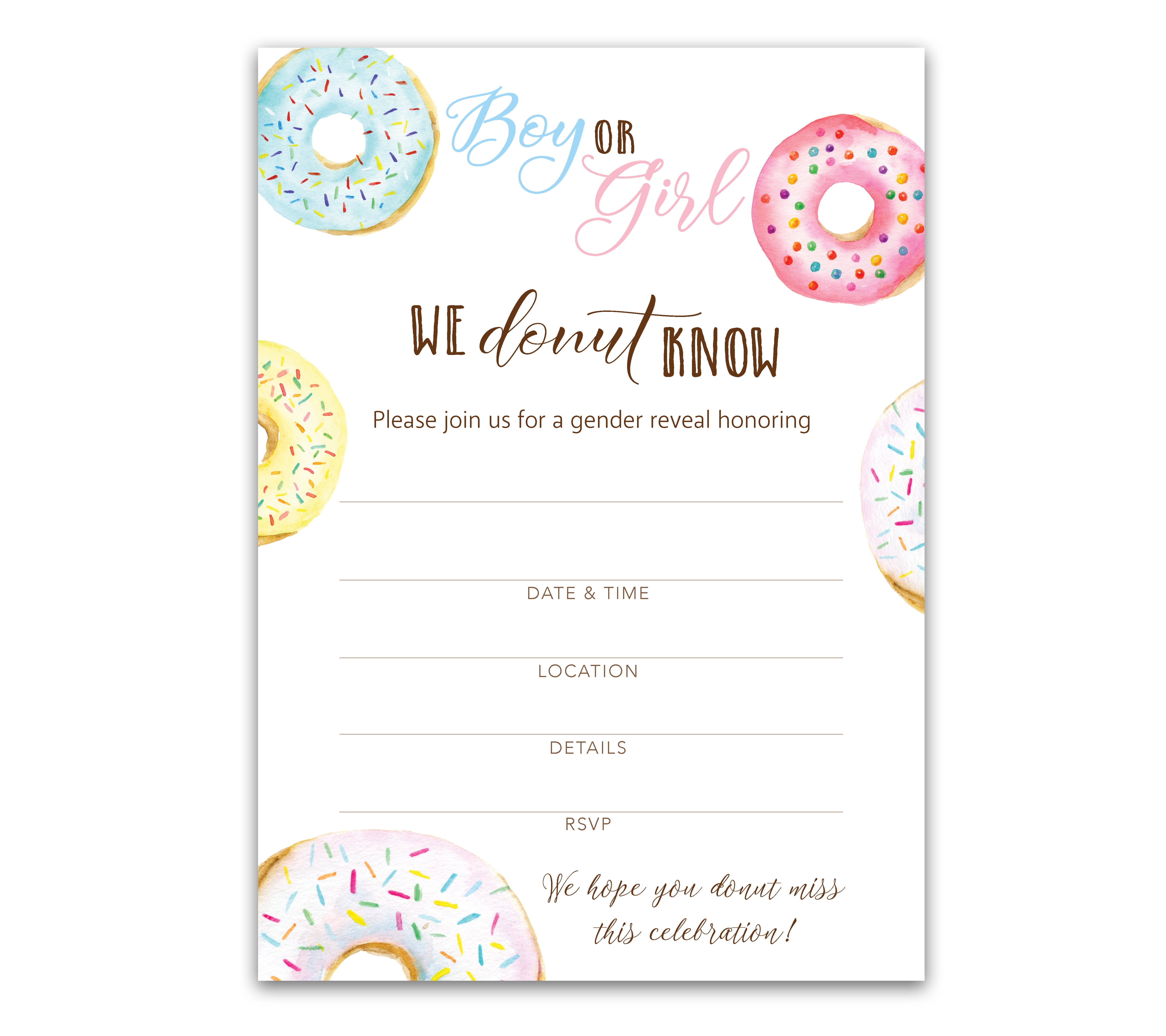 Donut Gender Reveal Baby Shower Party Invitations — Pack of 25 ...