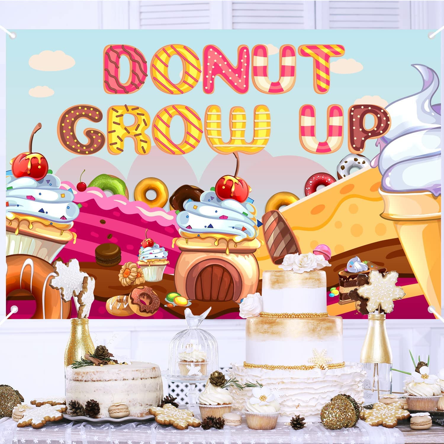 Donut Grow Up Birthday Banner Backdrop Candyland Decorations Pink Sweet ...