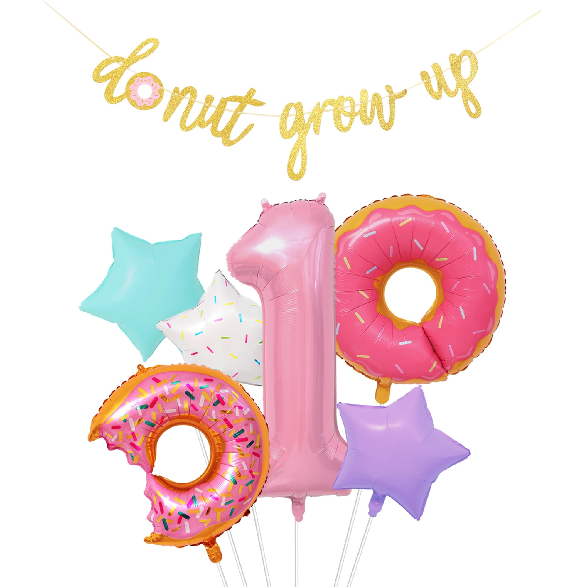 Donut Grow Up Banner, YPF5 40 Inch Pink Number 1 Balloon and 6Pcs Donut Balloons Set for First ...