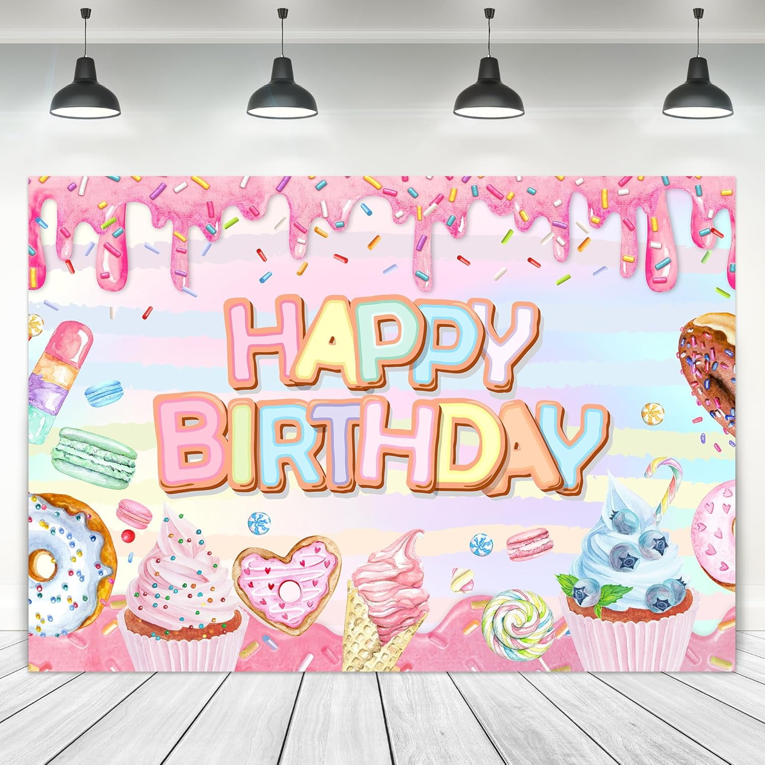 Donut Happy Birthday Backdrop Polyester Pink Sweet Sassy Girls ...