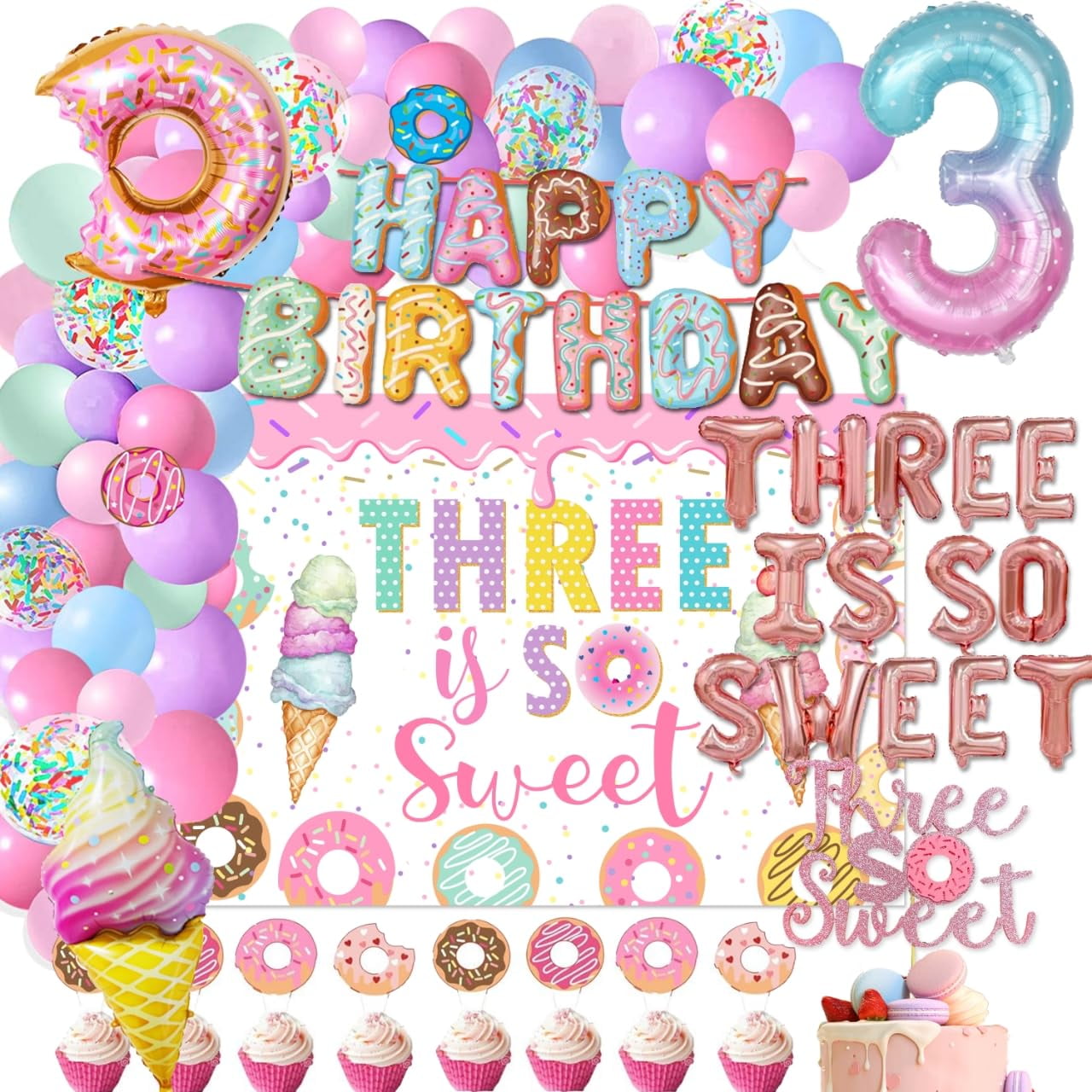 Donut Ice Cream 3rd Birthday Party Decorations，Three Is So Sweet ...